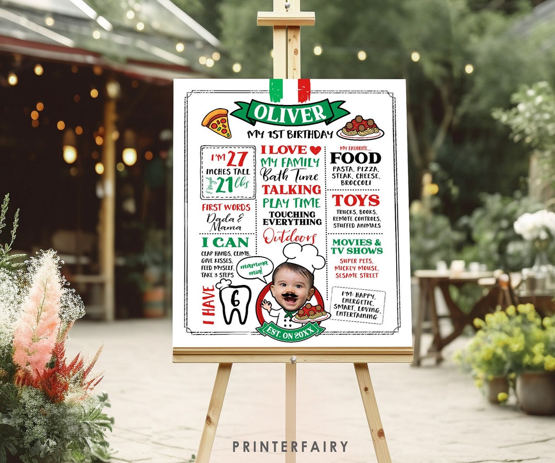 Spaghetti First Birthday Board With Photo, Pasta Birthday Party Stats ...