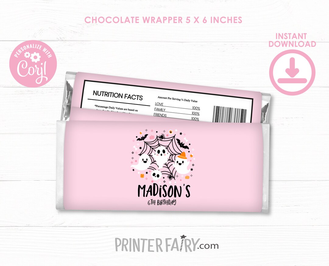 Spooky One Chocolate Wrapper Label, EDITABLE Pink Halloween Candy Label ...