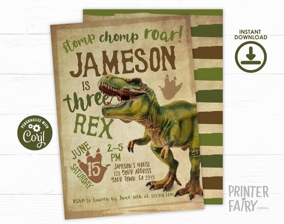Dinosaur Birthday Invitation, EDITABLE, Three Rex Invitation, T-rex ...