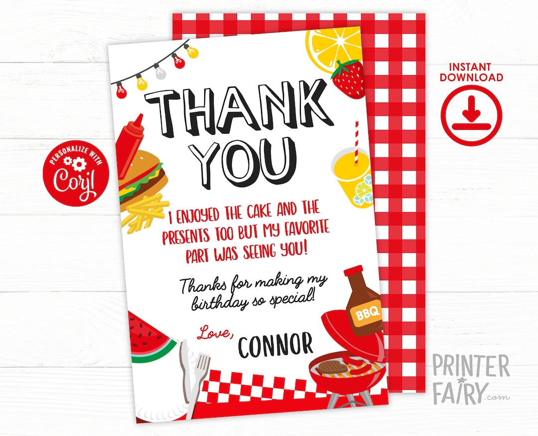 BBQ Birthday Party Thank You Card, Editable Bbq Thank You Card ...