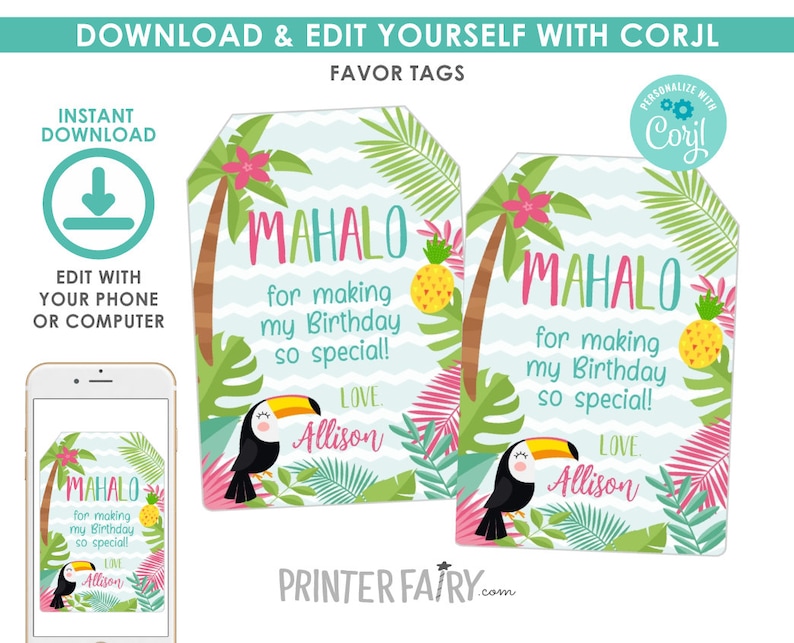 Luau Favor Tags, EDITABLE, Hawaiian Thank You Tags, Beach Birthday ...