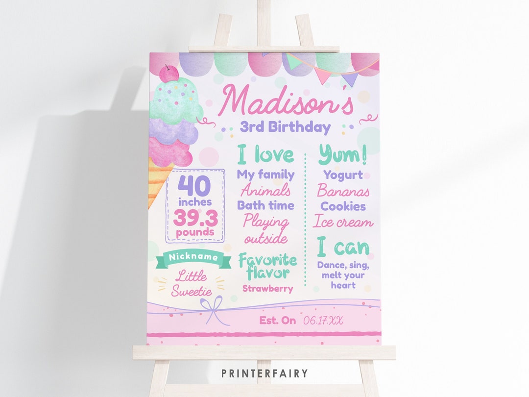 Ice Cream First Birthday Milestones Board, EDITABLE, Instant Download ...
