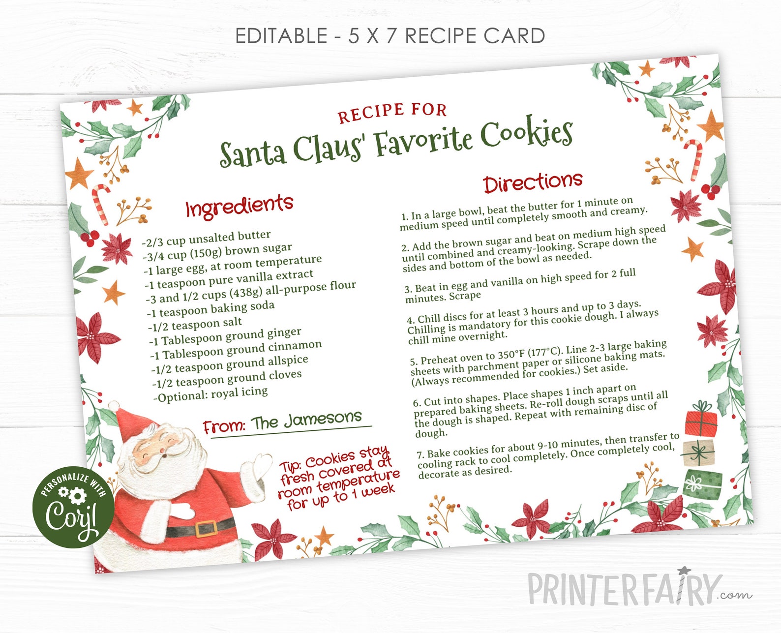 Christmas Recipe Card, EDITABLE, Cookie Exchange Party, Cookie Recipe ...