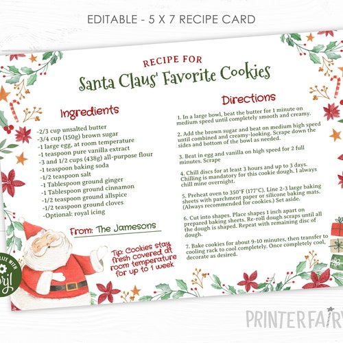 Editable Holiday Recipe Card Template - Etsy