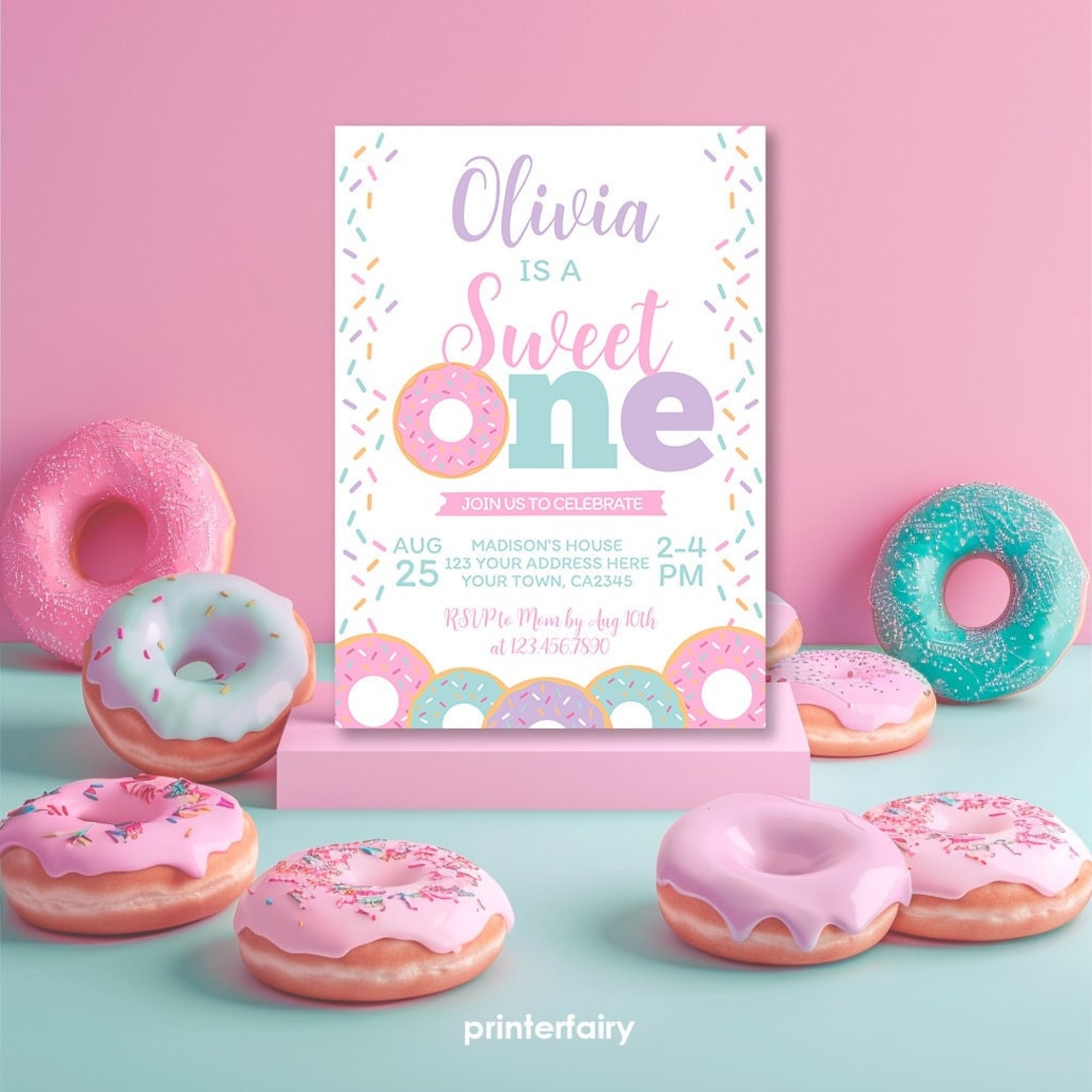 Sweet One Birthday Invitation, Donut Party, EDITABLE Invitation, Donut ...