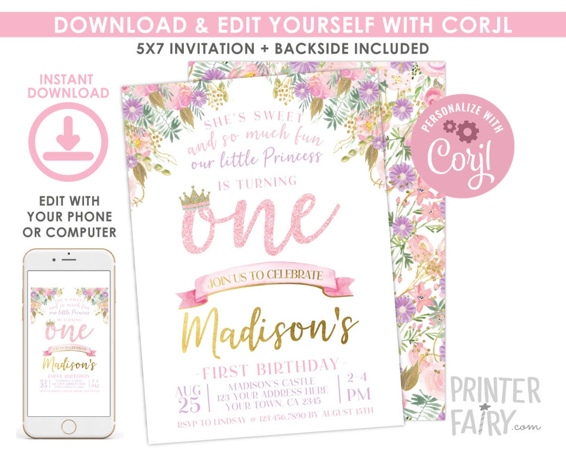 Princess First Birthday Invitation EDITABLE Royal Birthday - Etsy