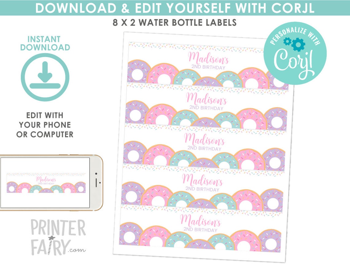 Donut Water Bottle Labels EDITABLE Donut Birthday Party - Etsy