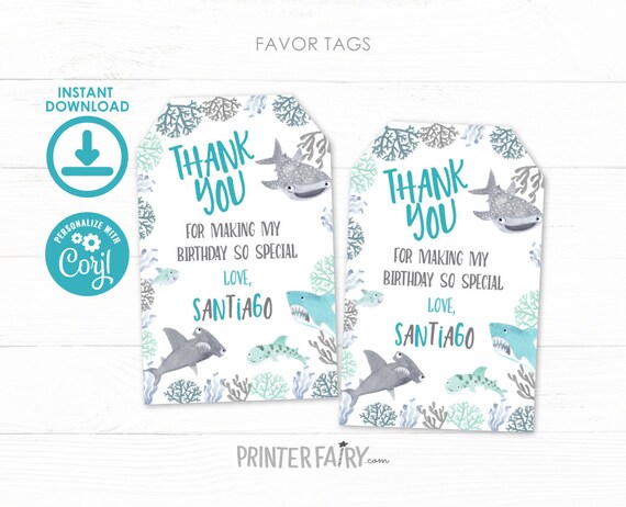 Shark Favor Tags EDITABLE Shark Birthday Party Under the - Etsy