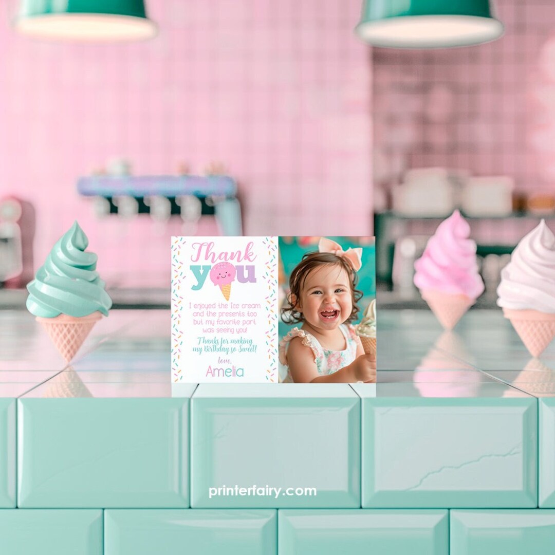 Ice Cream Thank You Cards With Photo, EDITABLE, Ice Cream Thank You ...
