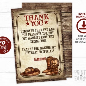 Western Thank You Cards, EDITABLE, Cowboy Birthday Party, Wild West ...