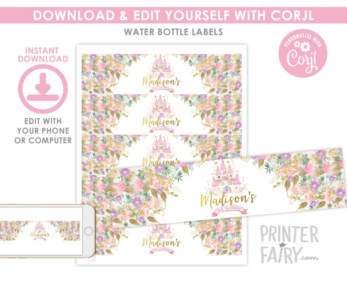 Princess Birthday Water Bottle Labels, Castle Party Decor (editable ...