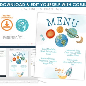 Outer Space Birthday Party Menu, Editable Template, Planets Rocket Ship ...