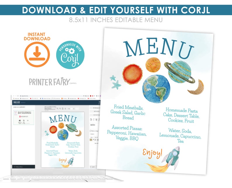 Outer Space Birthday Party Menu, Editable Template, Planets Rocket Ship ...