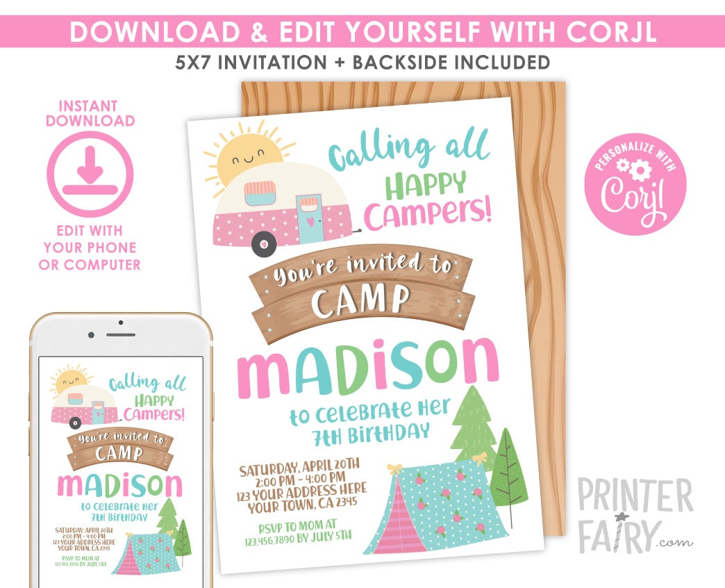 Camping Invitation Camp Birthday Invitation EDITABLE Summer | Etsy
