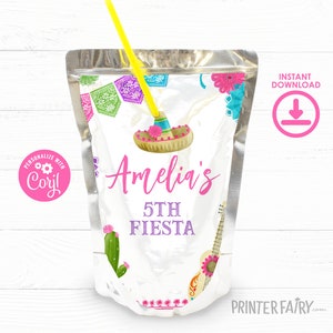 Fiesta Birthday Party Drink Pouch Label, Editable Mexican Fiesta ...