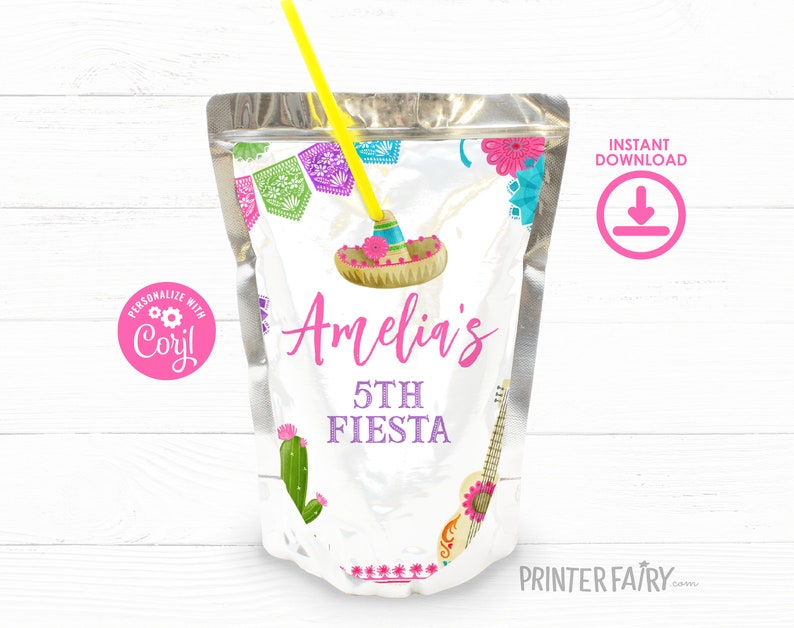 Fiesta Birthday Party Drink Pouch Label, Editable Mexican Fiesta ...