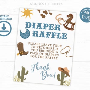 Cowboy Baby Shower Diaper Raffle Printable Editable Sign and Insert ...