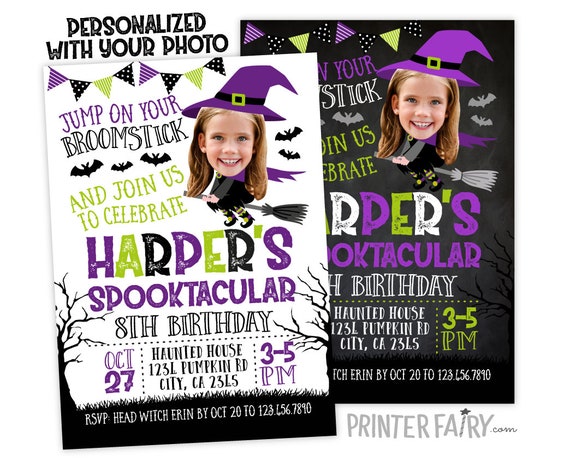 Halloween Birthday Invitation with Photo, Witch Invitation ...