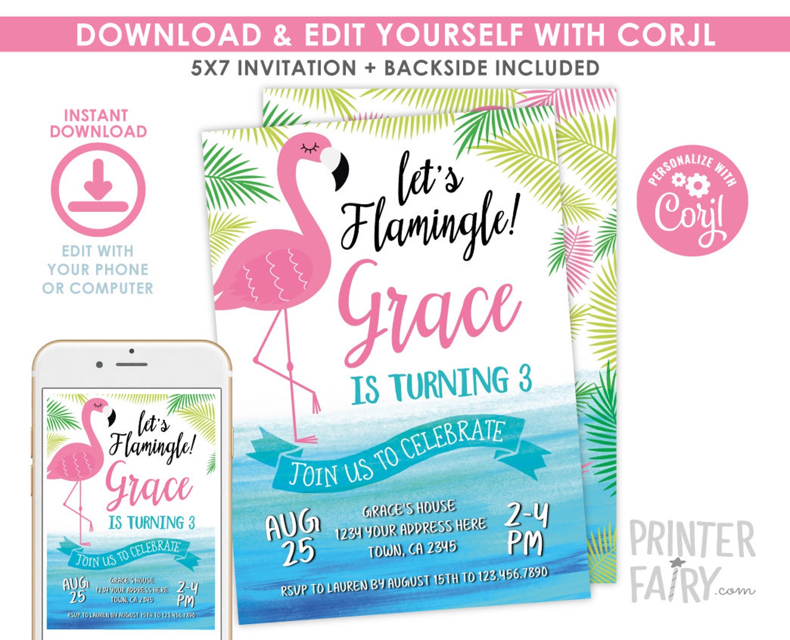 Flamingo Birthday Invitation, Editable Tropical Party (instant Download ...