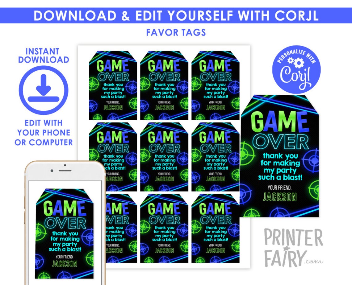 Laser Tag Favor Tags EDITABLE Laser Tag Gift Tags Neon - Etsy