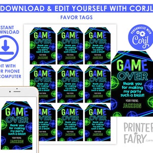 Laser Tag Favor Tags, EDITABLE Laser Tag Gift Tags, Neon Birthday Party ...