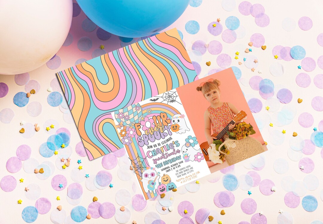 Editable Four Ever Spooky: 4th Birthday Groovy Ghost Invitation With ...