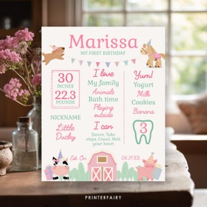 Farm First Birthday Stats Sign, Cute Farm Animals, Farm Birthday ...