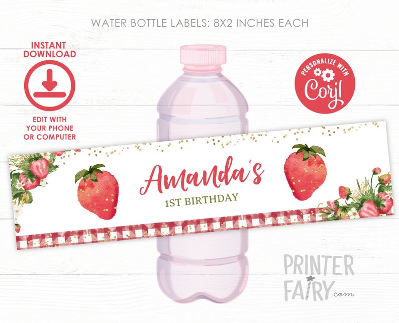 Editable Strawberry Water Bottle Labels, Fruit Birthday Party (digital ...