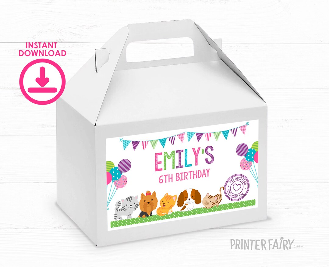Puppies & Kitties Adoption Party Box Labels, EDITABLE Gable Box Label ...