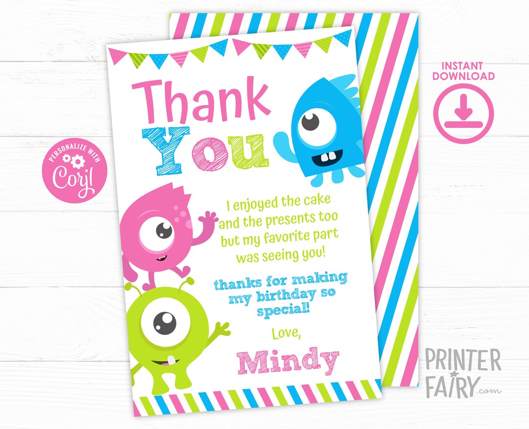 Little Monster Birthday Party Thank You Card, EDITABLE, Monsters Party ...