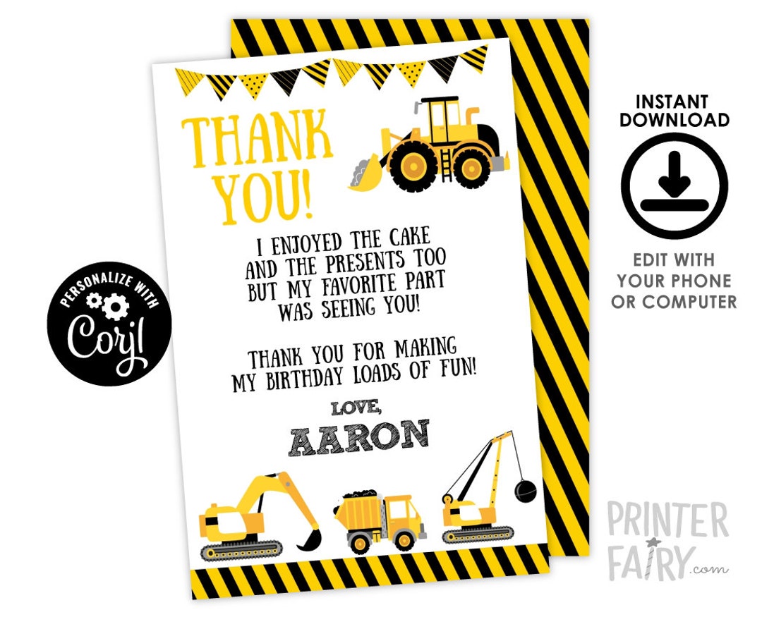 Construction Thank You Cards, EDITABLE Construction Birthday Party ...