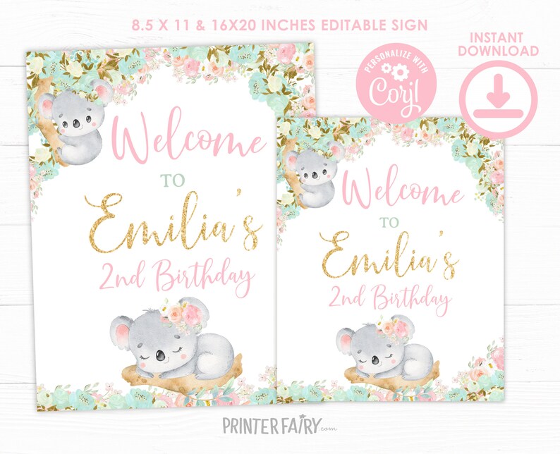 Koala Welcome Sign EDITABLE Girl Birthday Decorations - Etsy