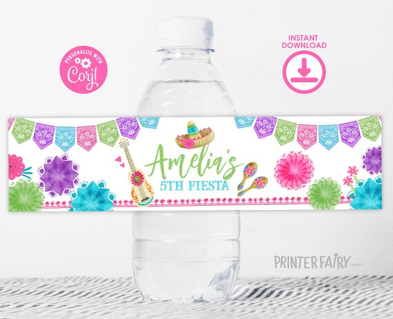 Fiesta Birthday Party Water Bottle Label, Editable Mexican Fiesta ...