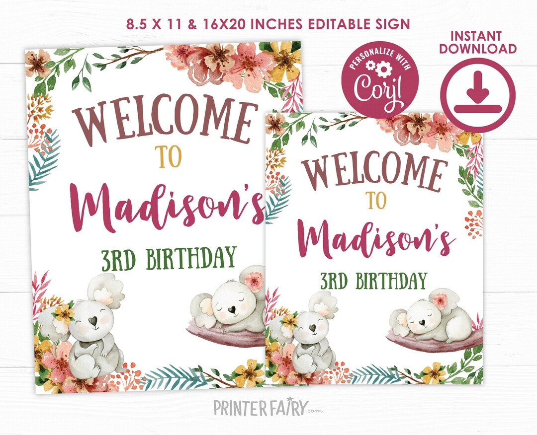 Koala Welcome Sign, EDITABLE, Koala Birthday Party, Koala Sign, Koala ...