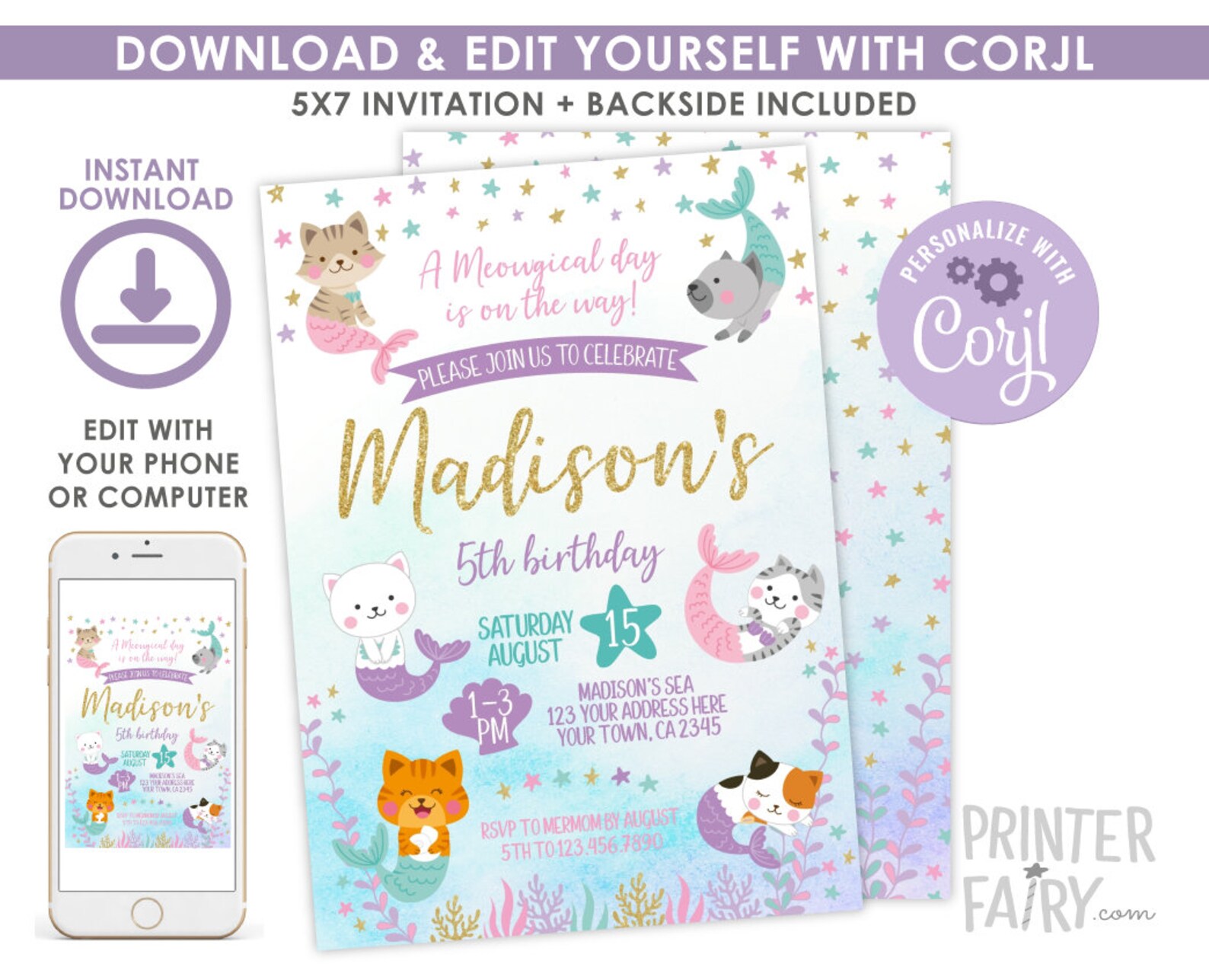 Mercat Birthday Invitation EDITABLE Meowmaid Birthday - Etsy