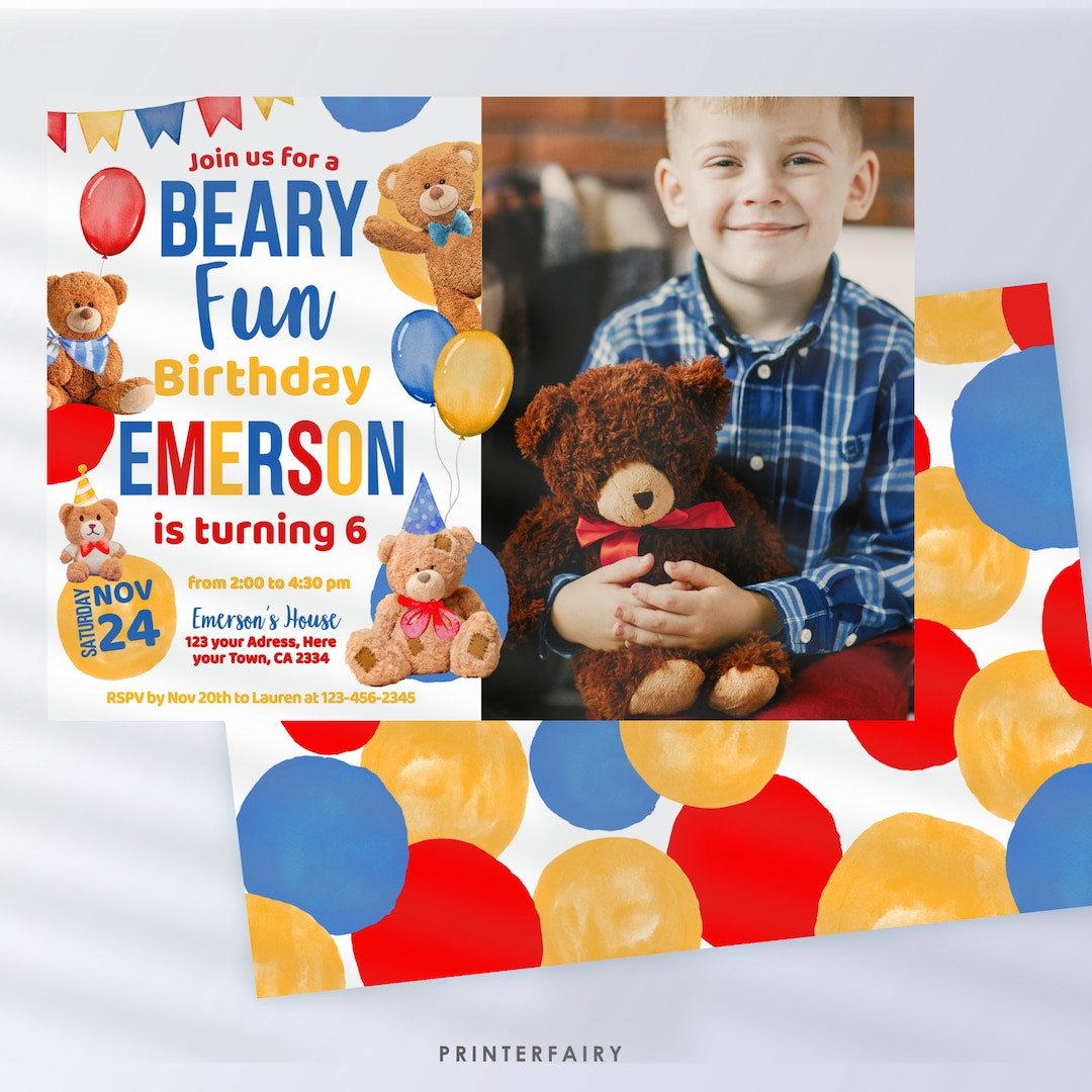 Bear Birthday Invitation With Photo, Editable, Beary Fun Birthday Party ...