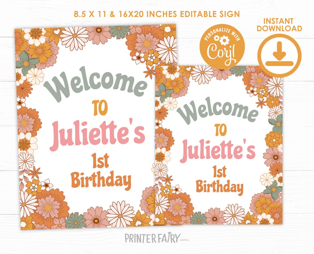 Hippie Welcome Sign, EDITABLE, Groovy One Birthday, Two Groovy Birthday ...