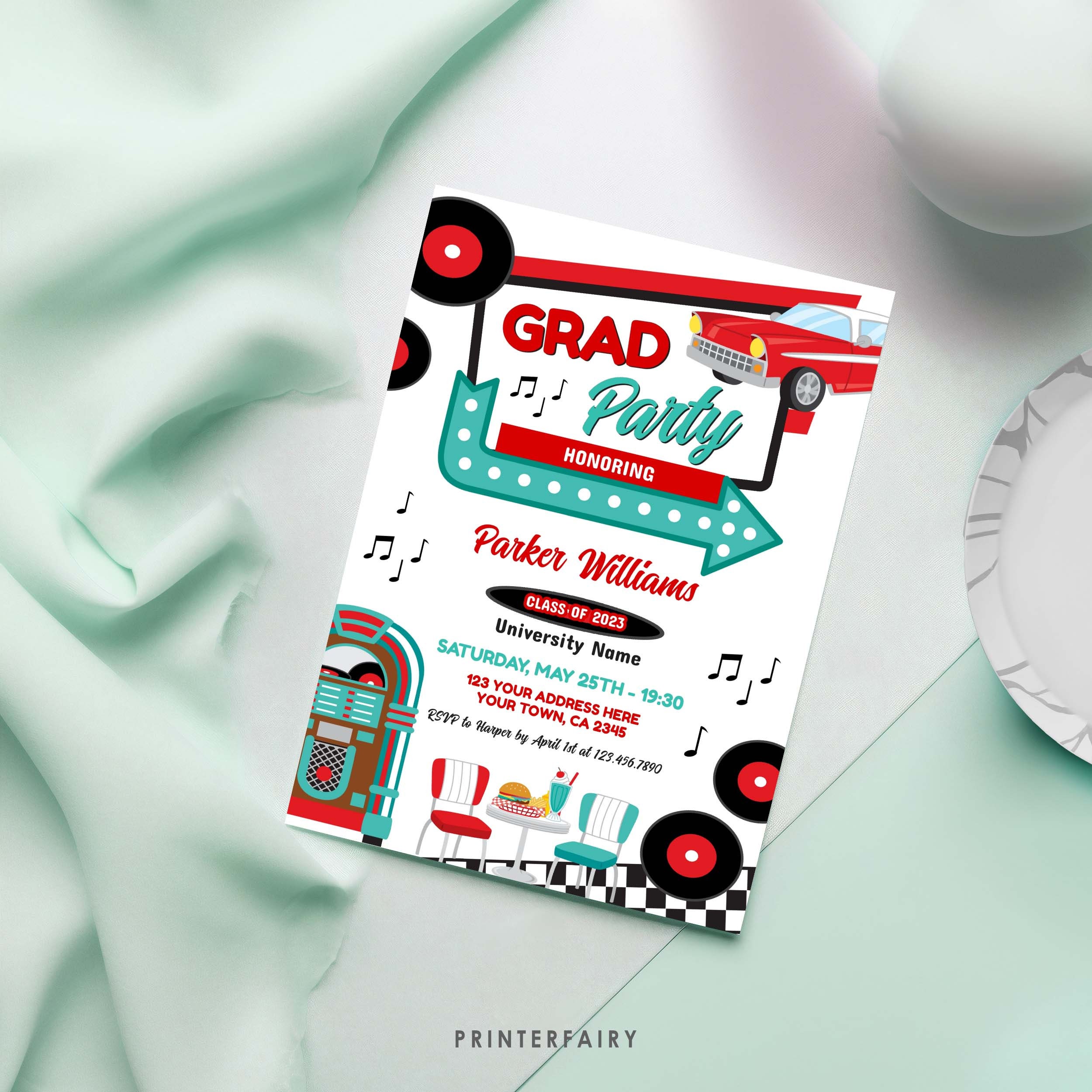 Diner Graduation Party Invitation, Editable, 1950's Party Invite ...