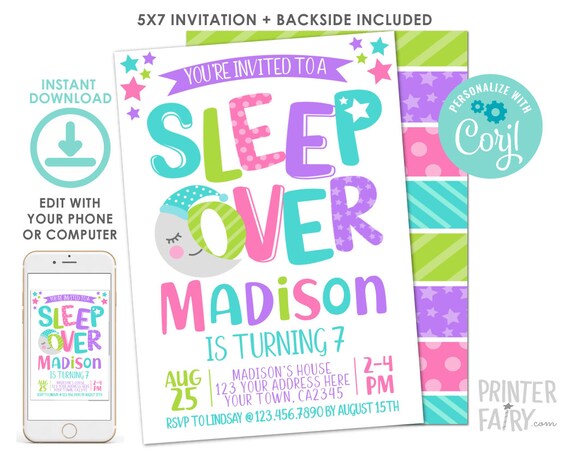 Sleepover Birthday Invitation Editable Pajama Party Invitation