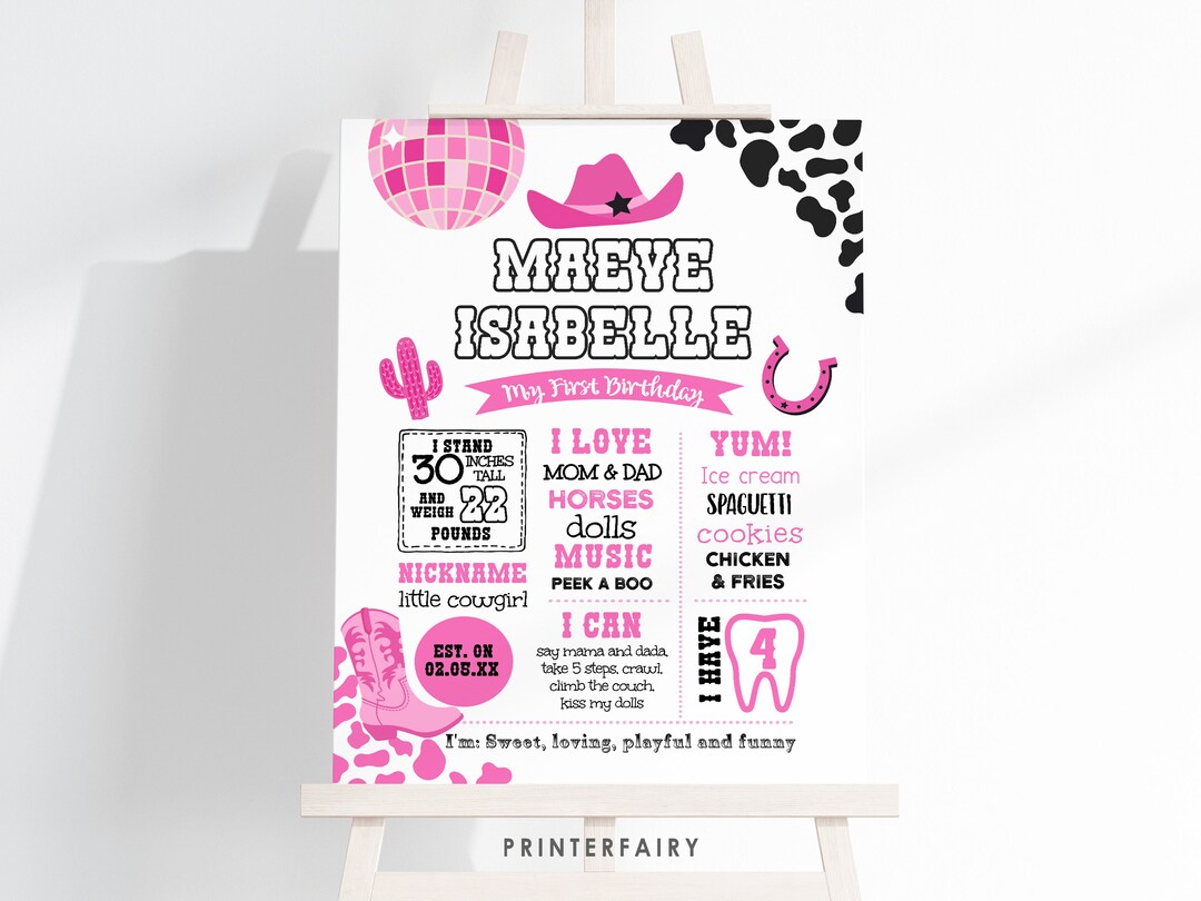 Disco Cowgirl First Birthday Milestones Board, Editable Disco Prints ...