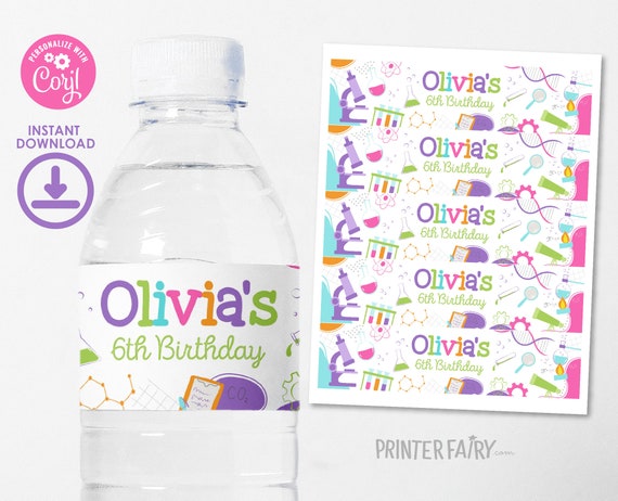 Science Birthday Party Water Bottle Label, EDITABLE Science Theme Party ...