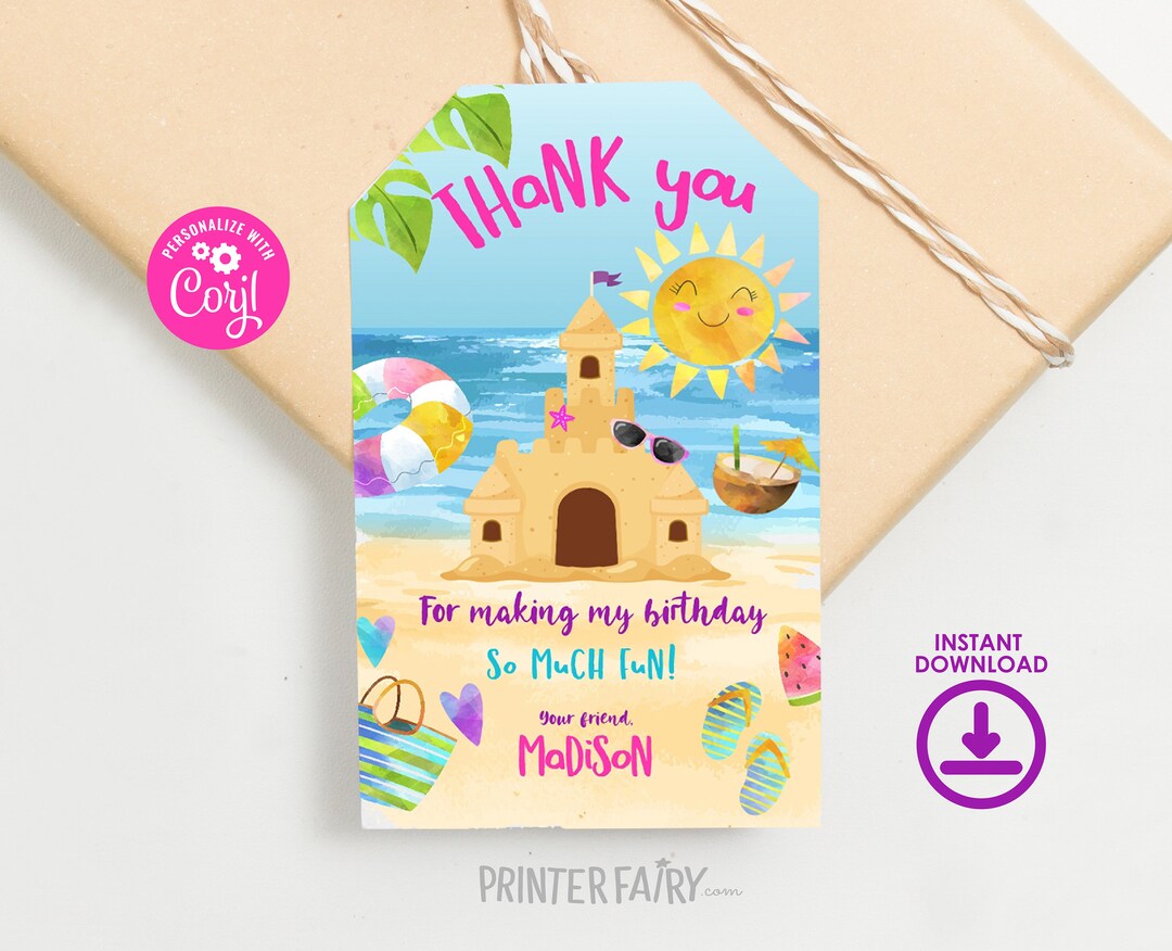 Beach Birthday Party Thank You Tags, Editable, Sand Castle Favor Cards ...