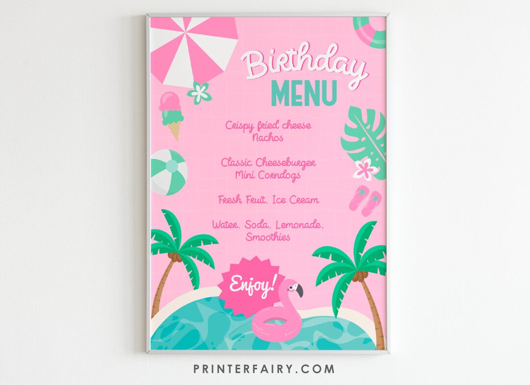 Pink Pool Party Menu, Editable, Pink Birthday Party Dinner Menu ...