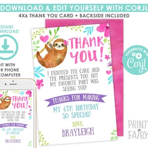 Sloth Thank You Cards, EDITABLE, Sloth Birthday Party, Sloth Thank You ...