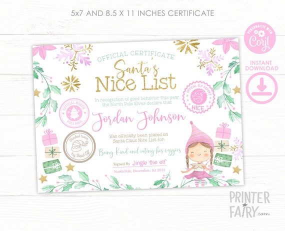 Nice List Certificate, EDITABLE, Pink Christmas, Christmas Games, Santa ...