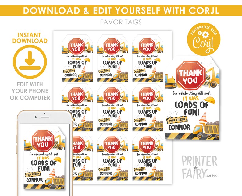 Construction Theme Party Favors: Editable Dump Truck Favor Tag, "under ...