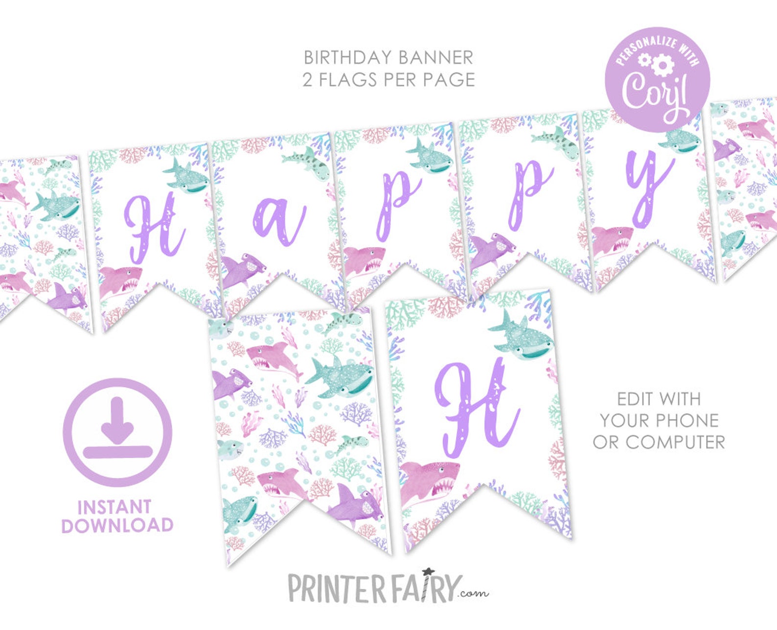 Shark Banner, EDITABLE, Shark Girl Birthday Party, Under the Sea ...