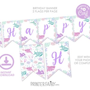 Shark Banner, EDITABLE, Shark Girl Birthday Party, Under the Sea ...