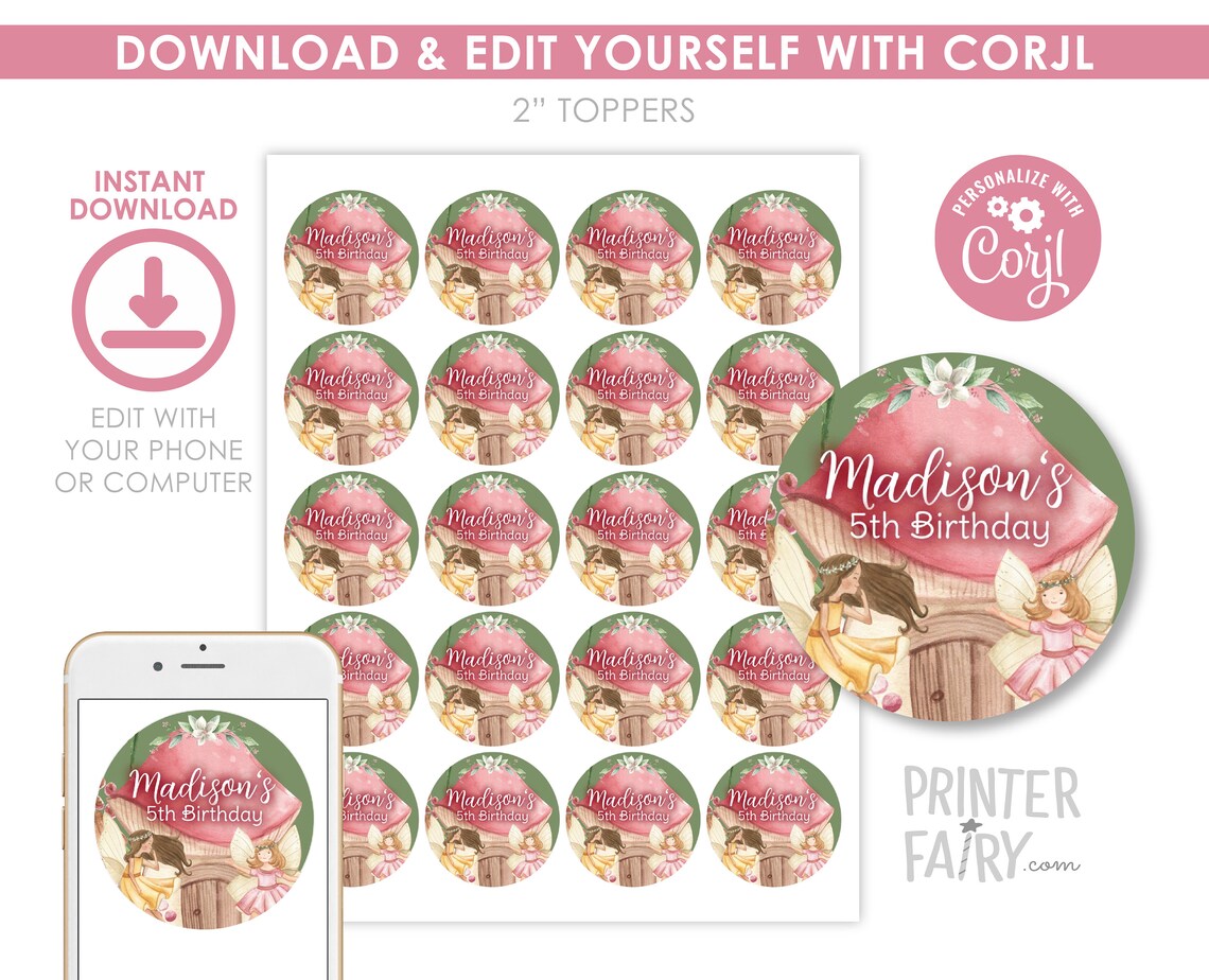 Editable Fairy Birthday Muffin Toppers, Favor Bag Labels (instant ...