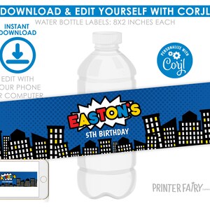 Superhero Water Bottle Label, Editable, Little Superhero Party Water ...